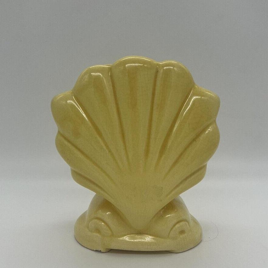 Footed Ceramic Yellow Clam Shell Planter Vase Antique? American Bisque?