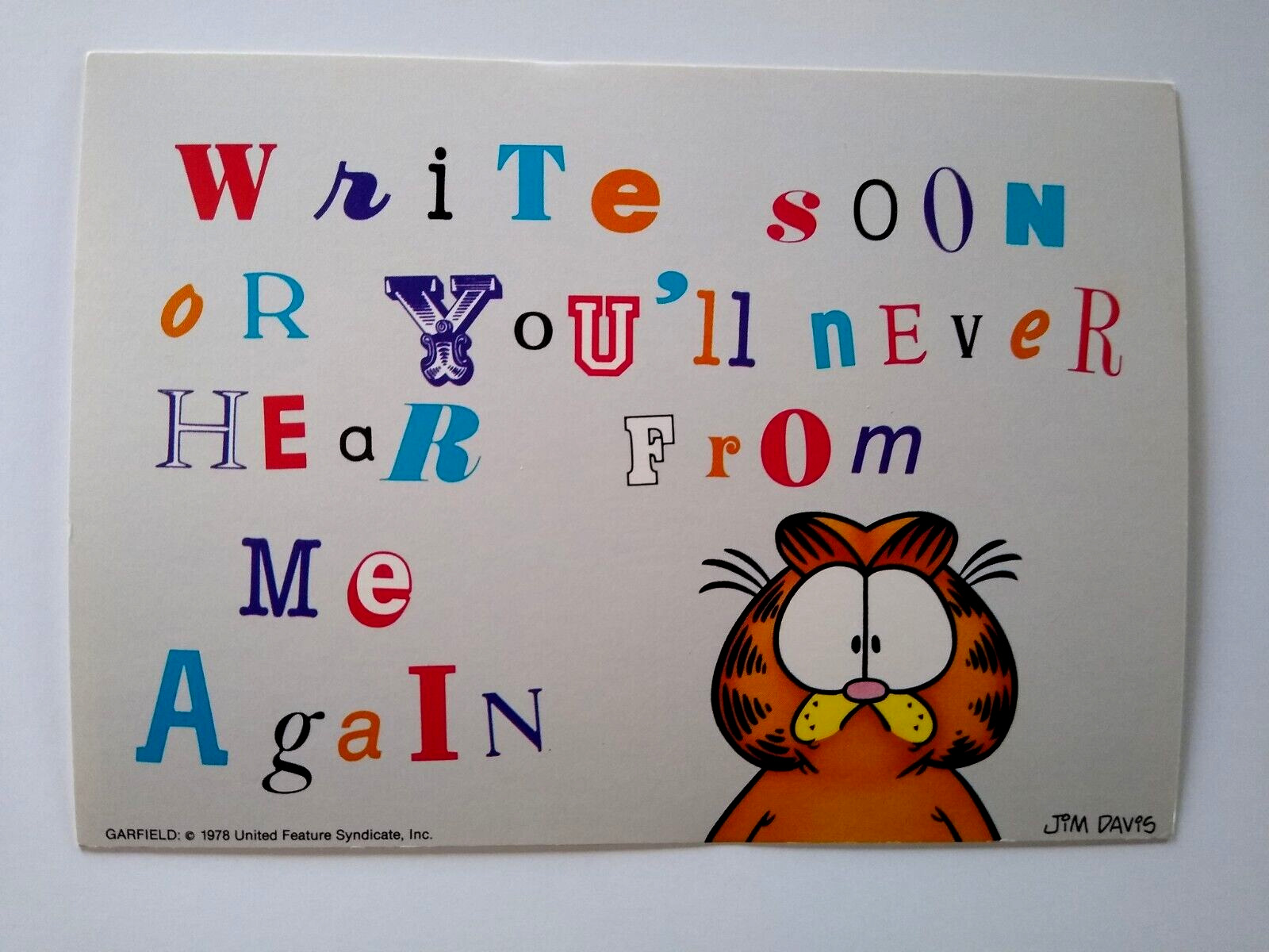 Garfield Cat Postcard Write Soon Or United Features Jim Davis 1978 ...