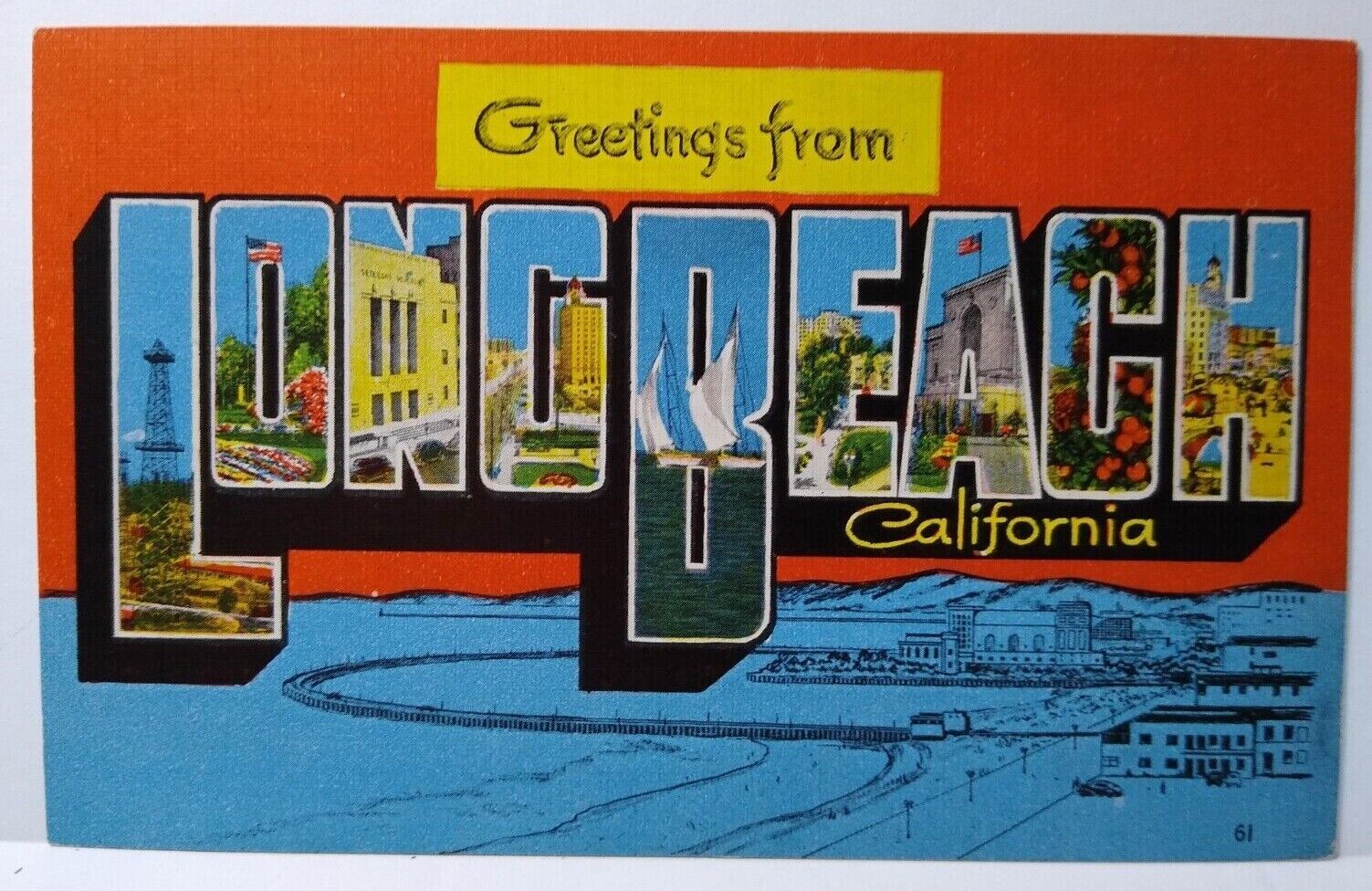 Greetings From Long Beach California Large Letter Linen Postcard EC ...