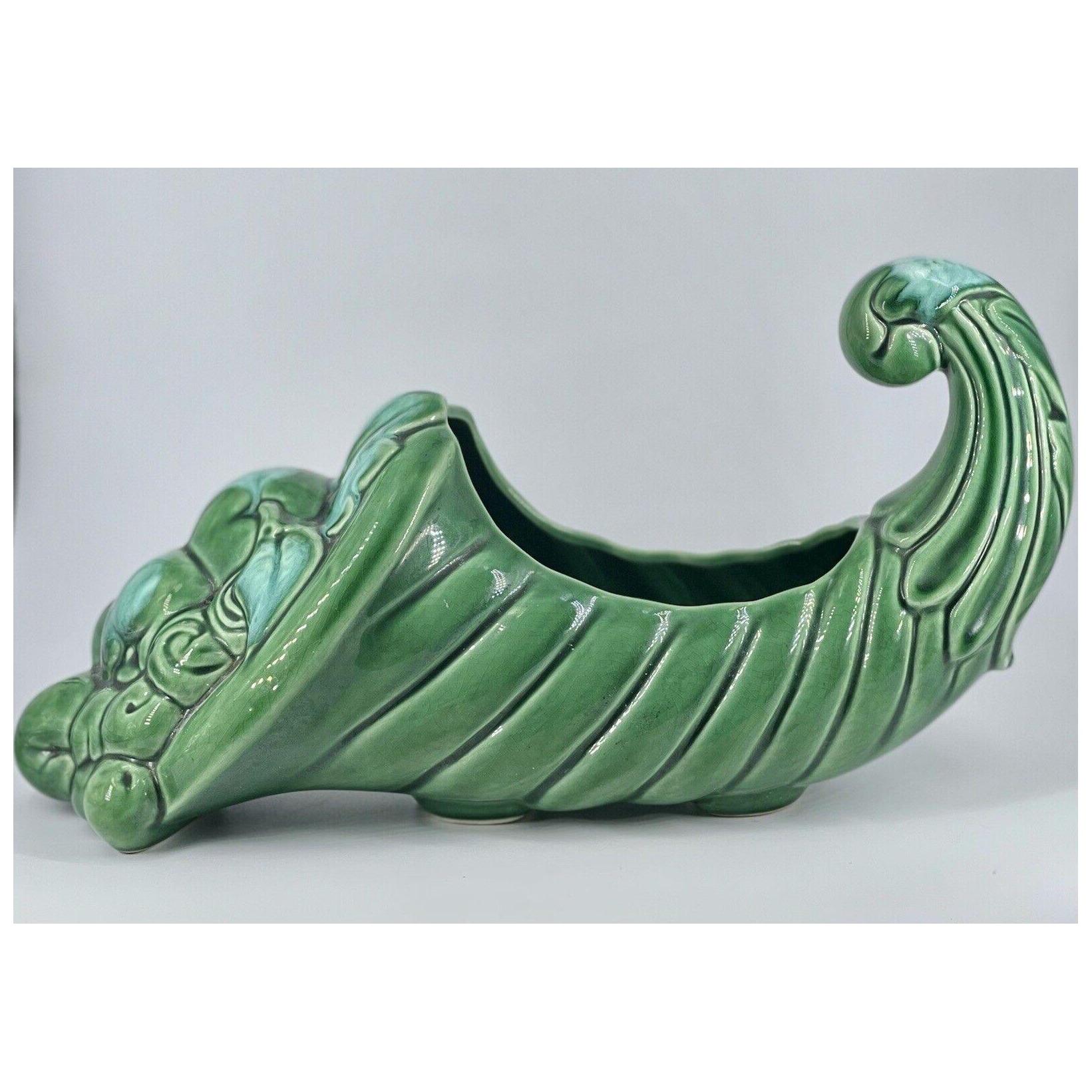 Vintage Large Cornucopia Planter Thanksgiving Centerpiece Green with ...