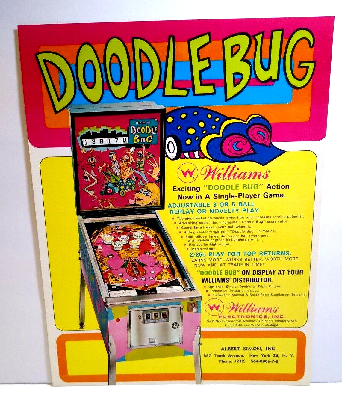 Doodle Bug Pinball Flyer 1970 Original NOS Game Mod Groovy Game Artwork ...