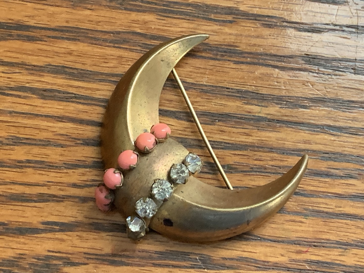 Antique Moon Brooch With Rhinestones
