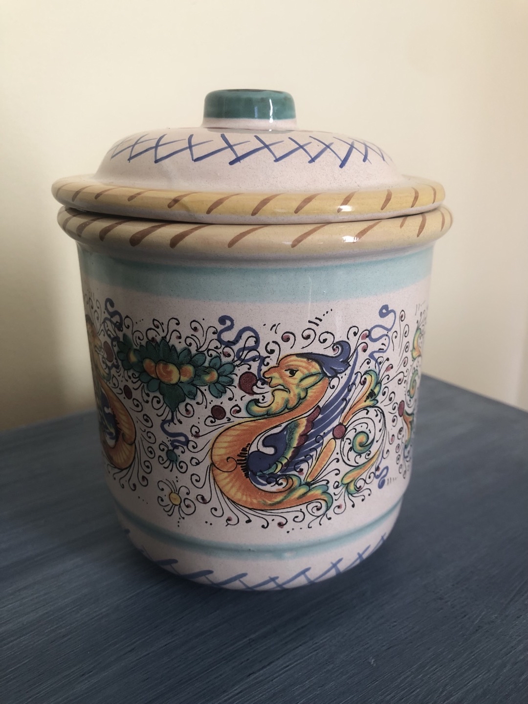 Deruta Italy Pottery Dragon Canister Jar Lid Dip A Mano Deruta ITALY