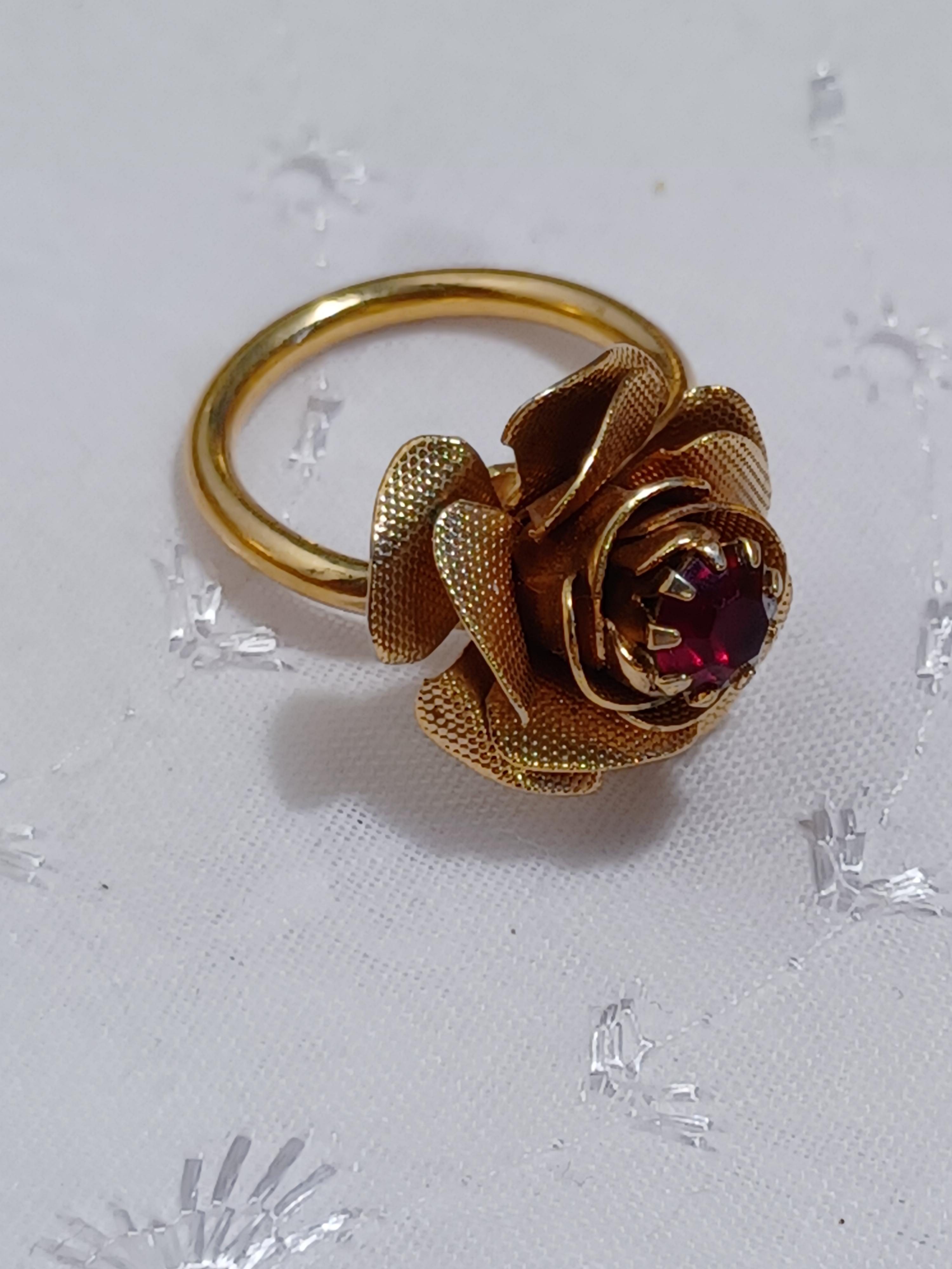 Vintage Gold Rose Ring with Ruby Center