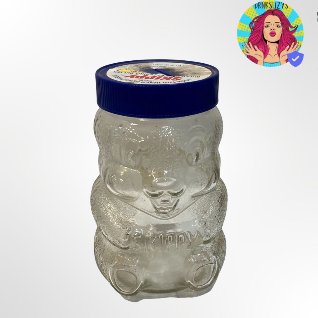 Vintage Glass Beaver Skippy Peanut Butter Coin Money Bank Blue Top