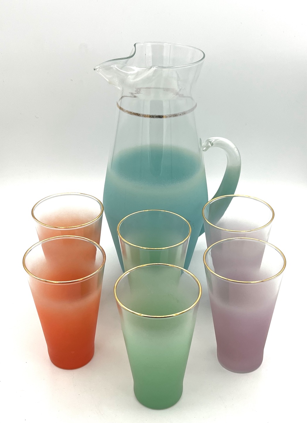 Vintage, Blendo "Atomic" Pitcher And Set Of 6 Glasses Frosted Pastel Colors