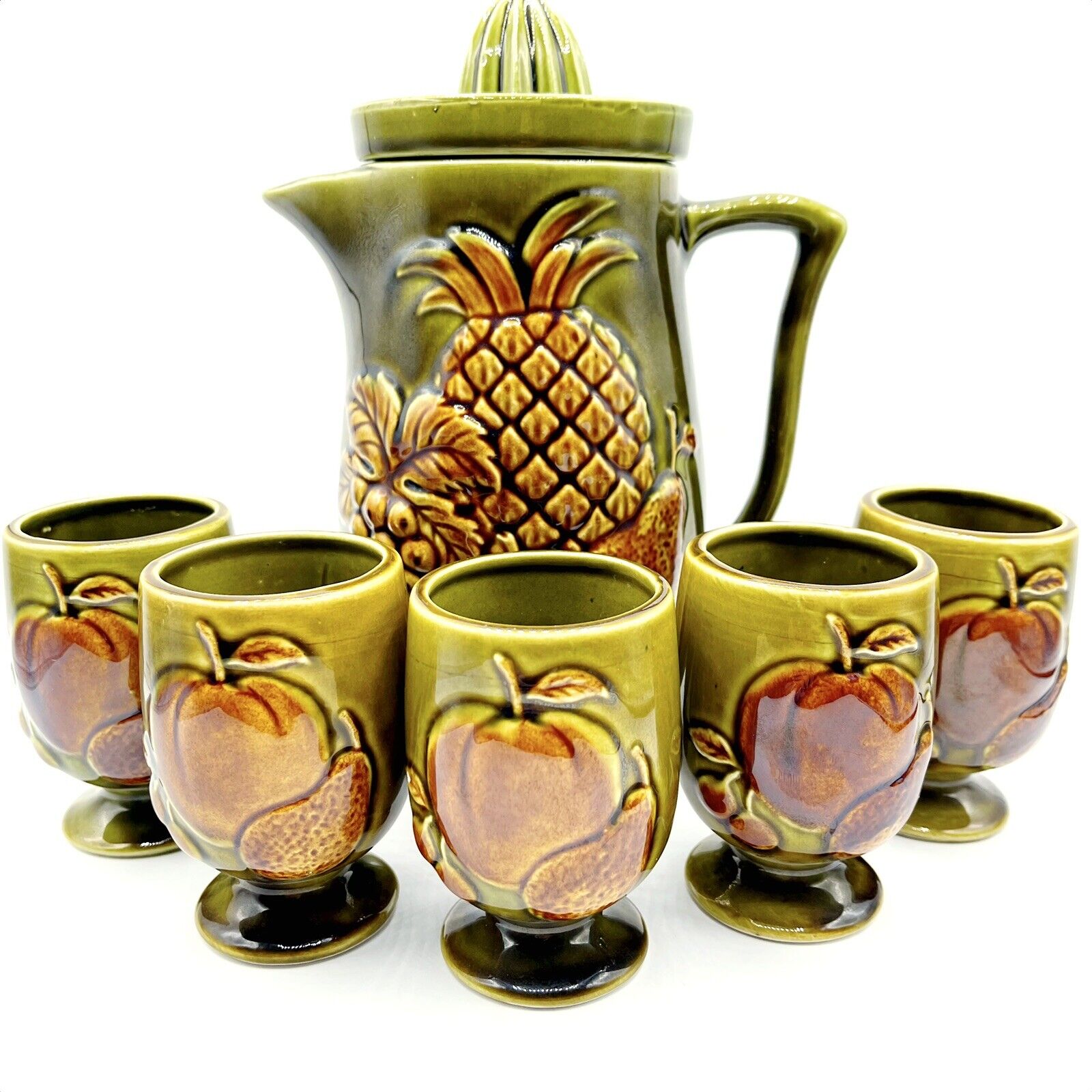 UNIQUE MCM NORITAKE JAPAN CERAMIC JUICER PITCHER WITH 5 JUICE CUPS HAND ...