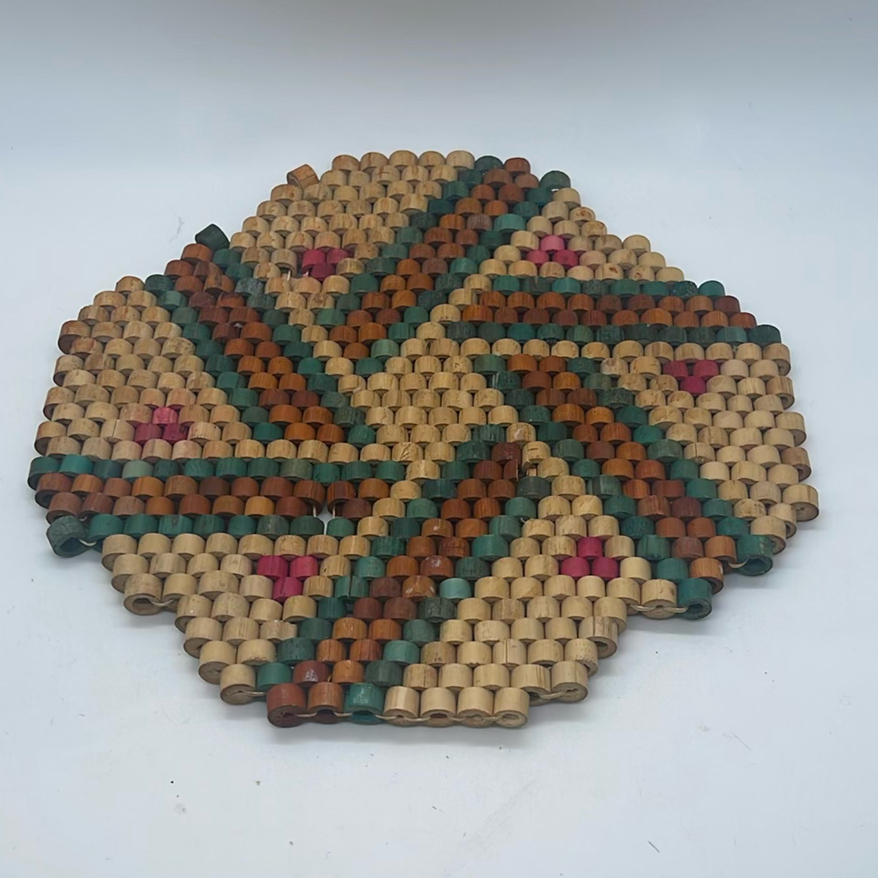 Vintage Wooden Beads Trivet Wall Gallery Art BoHo