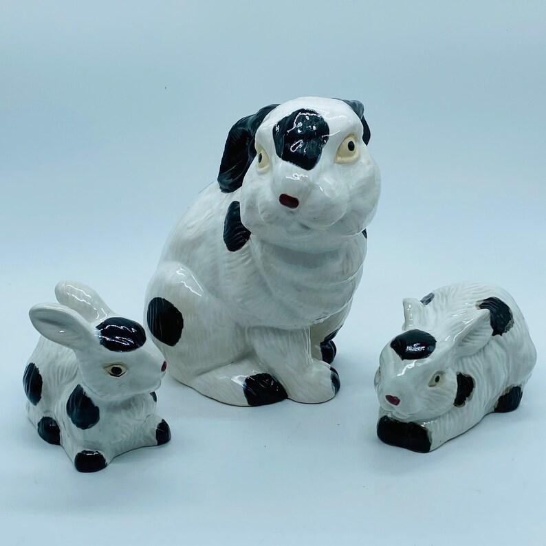 Heavy Ceramic Rabbit Family of 3 Black and White Bunnies Easter Spring ...