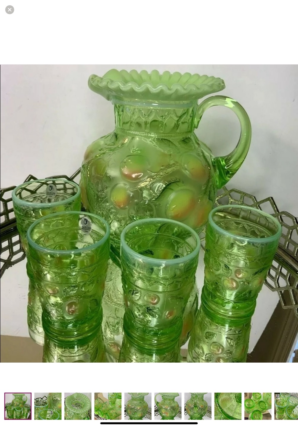 Fenton Apple Tree Pitcher And 4 Tumblers Signed Green Set #101