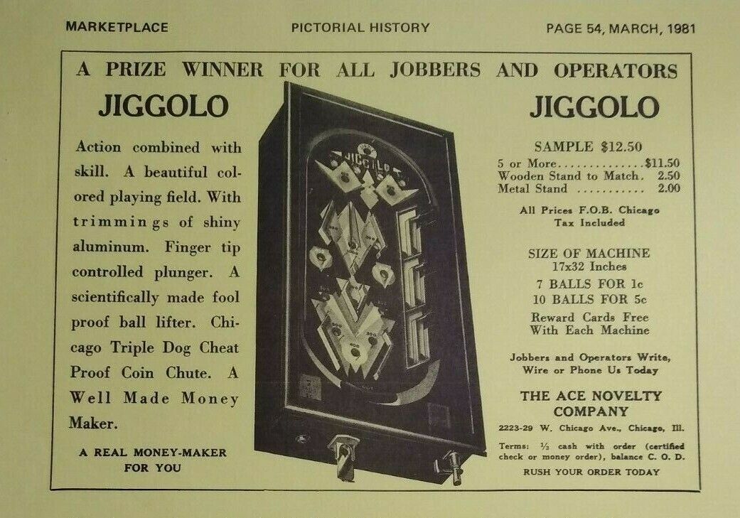 Jiggolo Pinball Machine Marketplace Magazine Game Art AD 1981 Ace ...