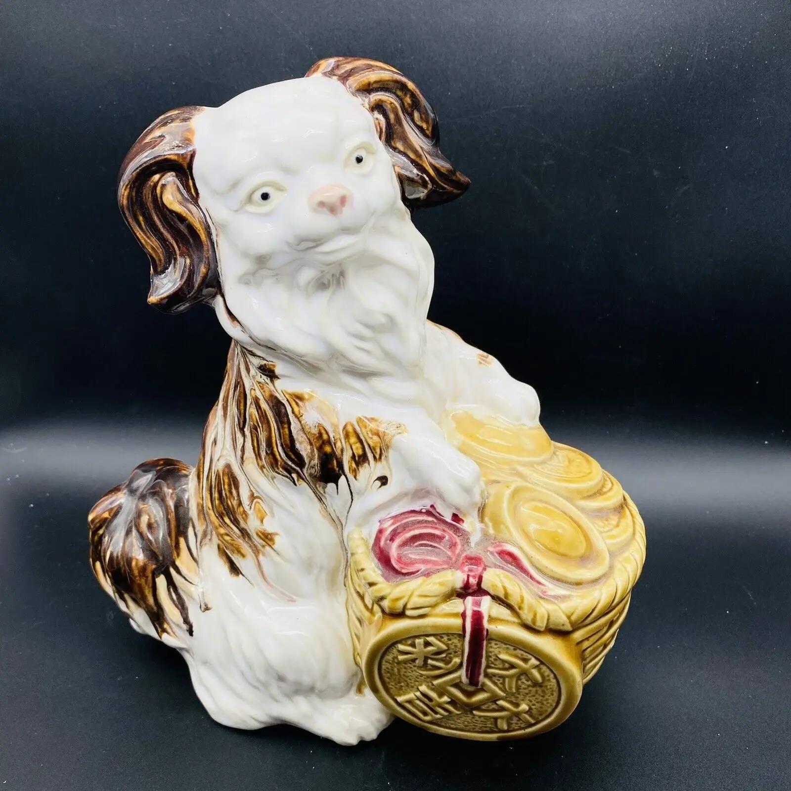 Shiwan Chinese Mantle Dog Ceramic Brown and White with Barrel Basket