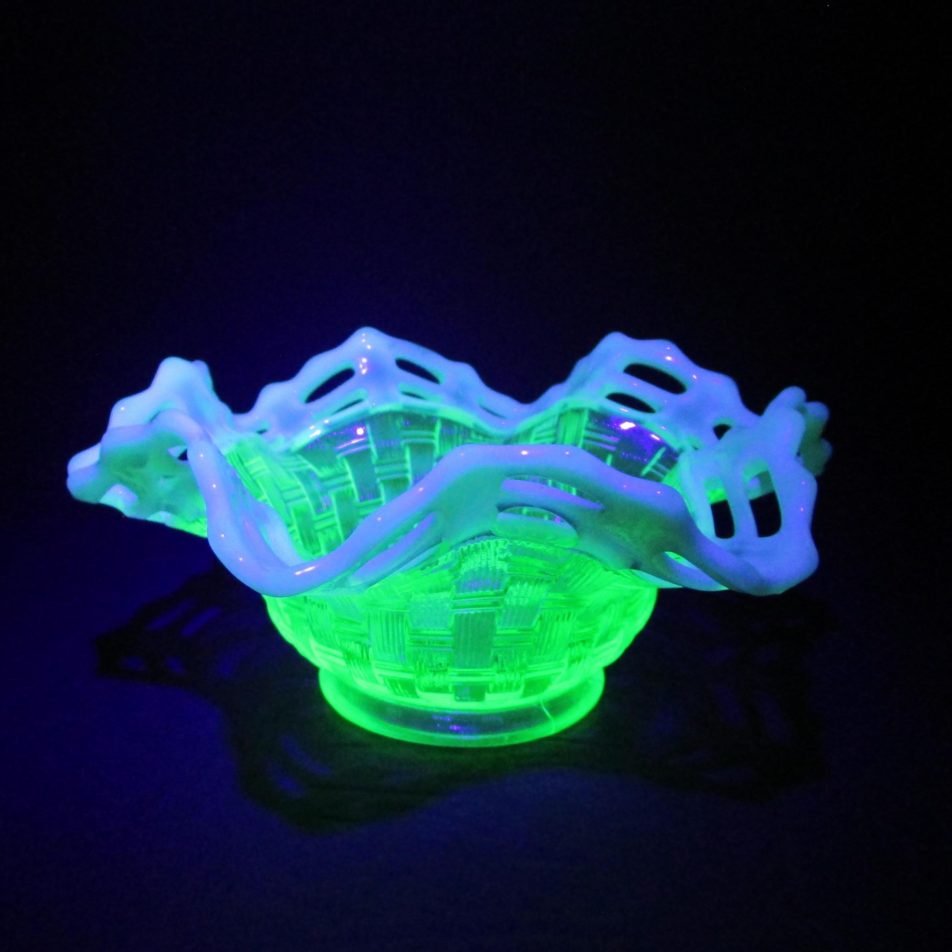 Fenton Uranium Green Opalescent Basketweave Bowl Ruffled Open Lace Edge ...