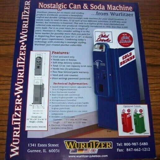 Wurlitzer Nostalgic Vending Flyer Can And Soda Machine Vintage Retro Art