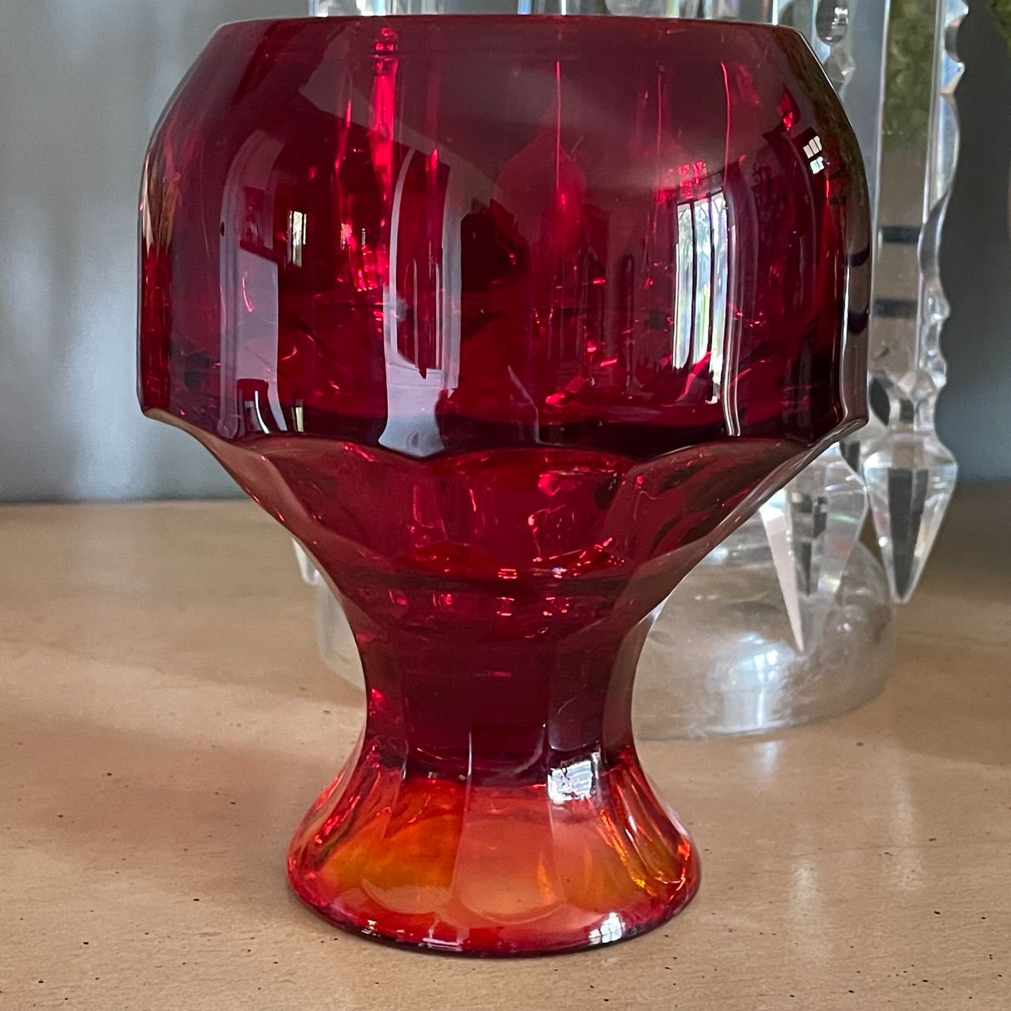 Mid-century Viking Glass Georgian Ruby Red Candle Glimmer UV Reactive 6"