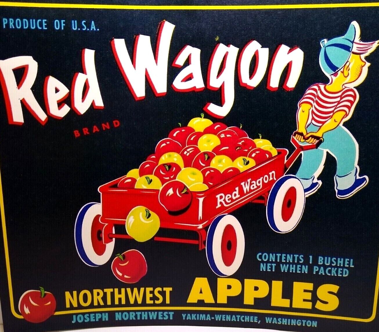 Red Wagon Apple Fruit Crate Label Boy Carts Red & Gold Bushel 1940's ...