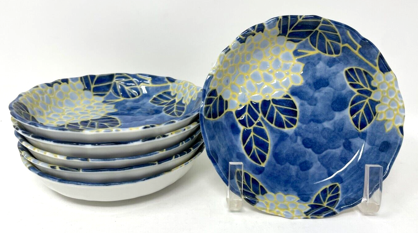 6 Vintage Japanese Blue & White Hydrangea Dishes, Pin Dish, Trinket ...
