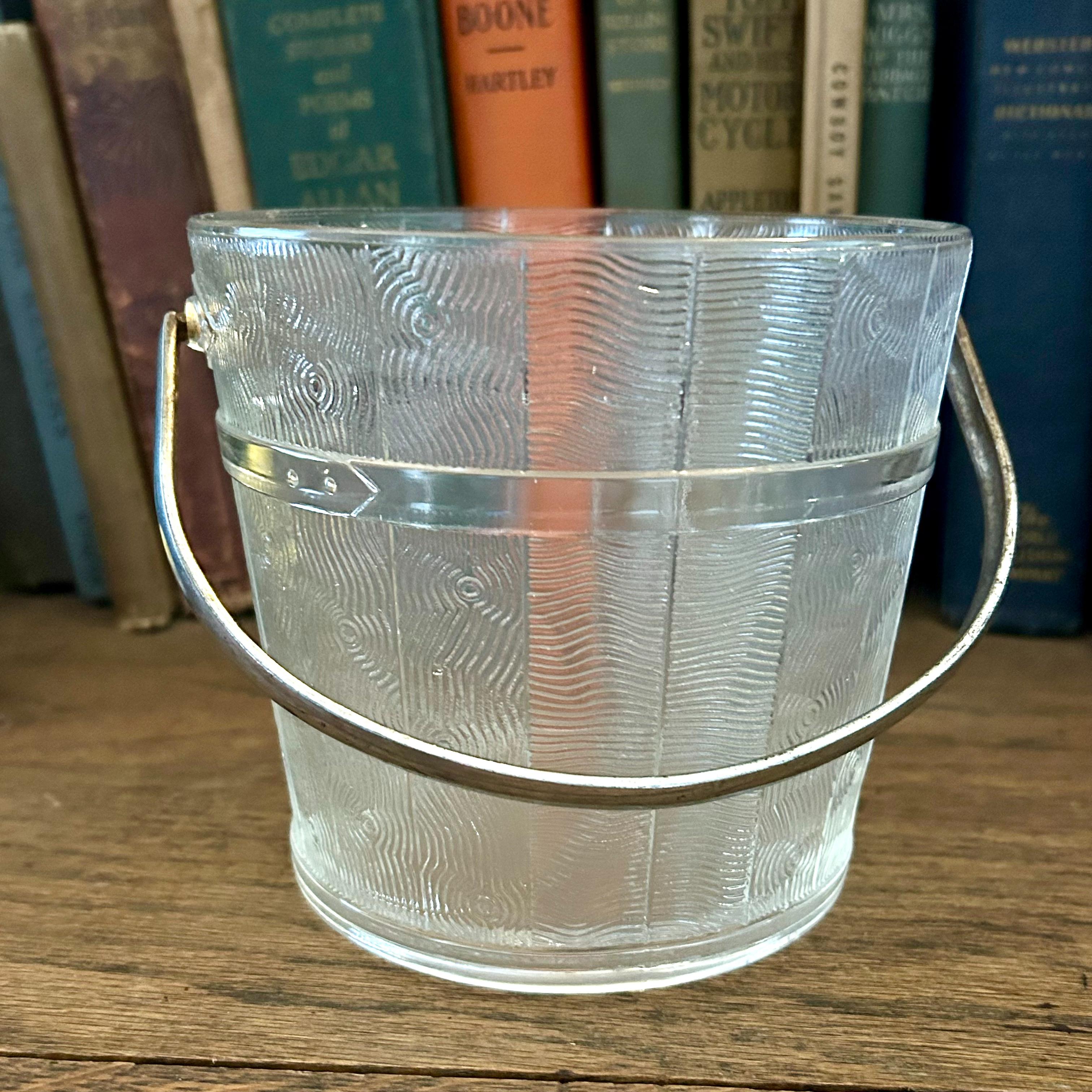 Vintage Pressed Glass Ice Bucket Pail with Silver Colored Handle
