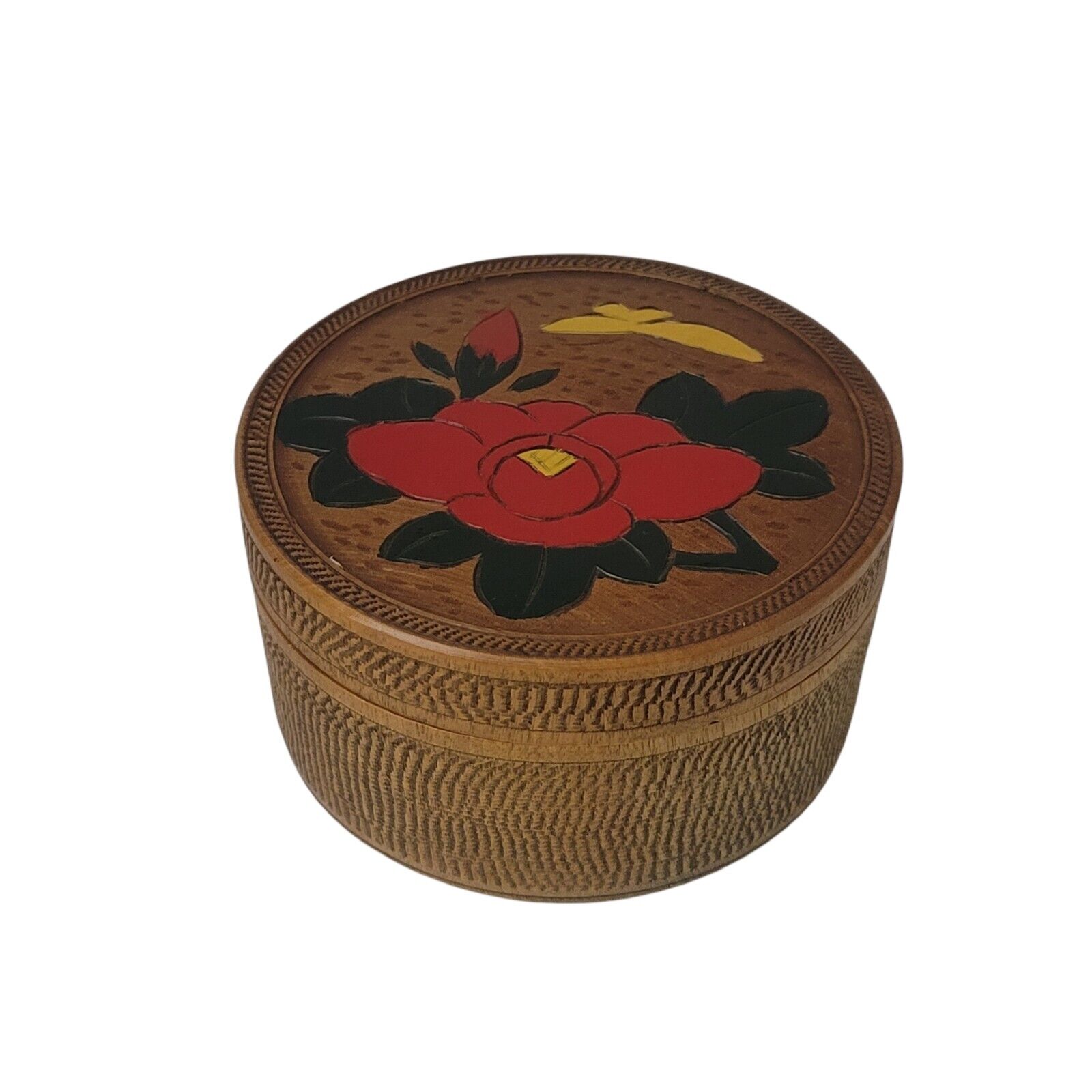 Vintage 20th Century Japanese Hand Carved Box and 6 Coaster Set Floral ...
