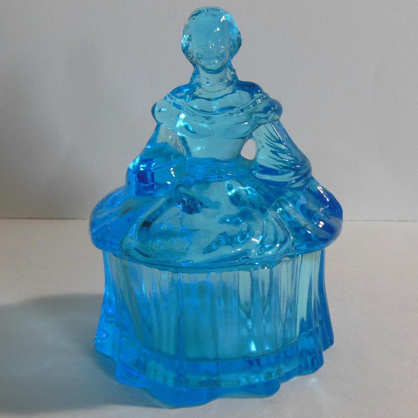 Vintage Mosser Glass Blue Colonial Lady Covered Trinket Box, Dresser ...