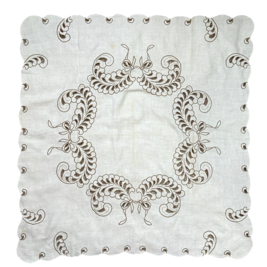 Linen Embroidered Cutwork Tablecloth Mid Century Vtg 35x38 Scroll ...