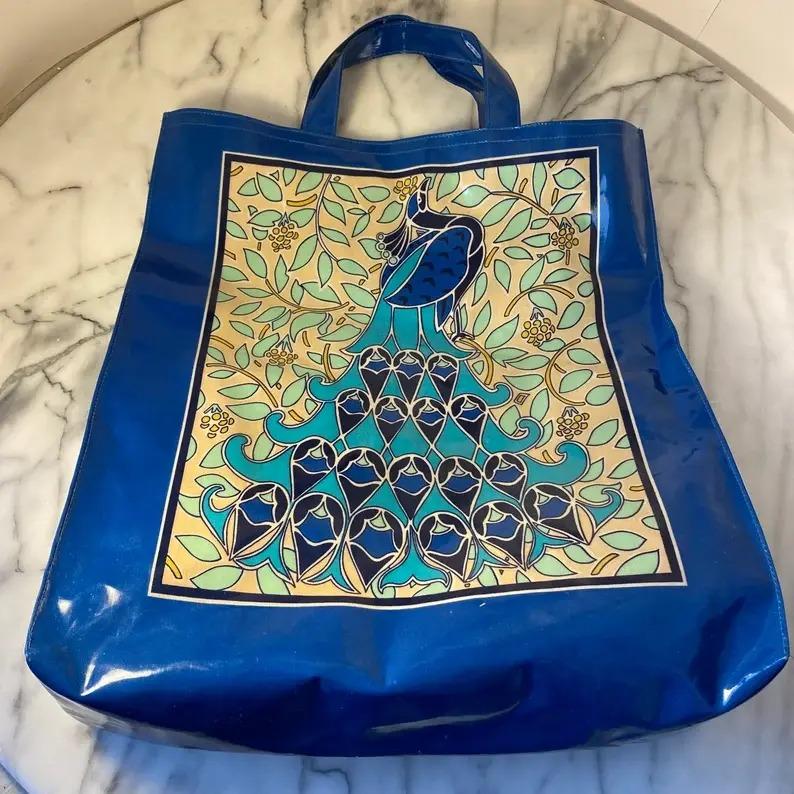 06 PAST TIMES UK vintage peacock design tote Blue 17 inches Two Handles
