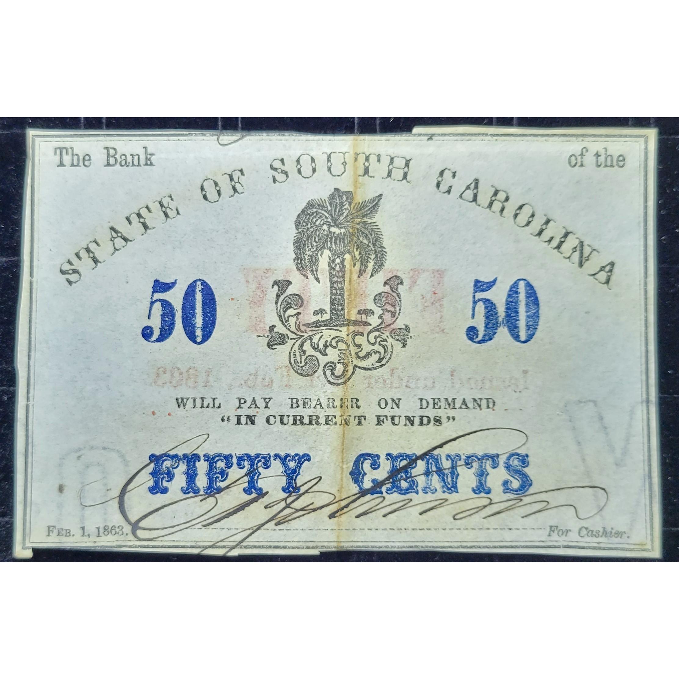 1863 Civil War South Carolina 50 Cents Fractional Currency Note