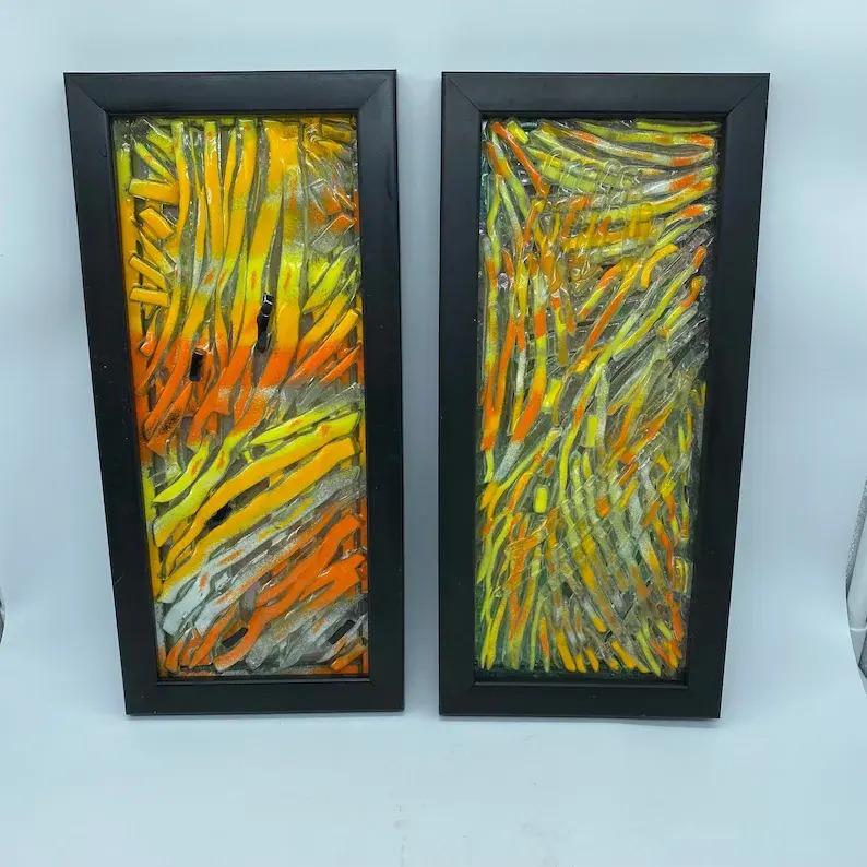 #0624 Fused Glass Artist Made Framed Glass art Pair Orange Yellow Clear