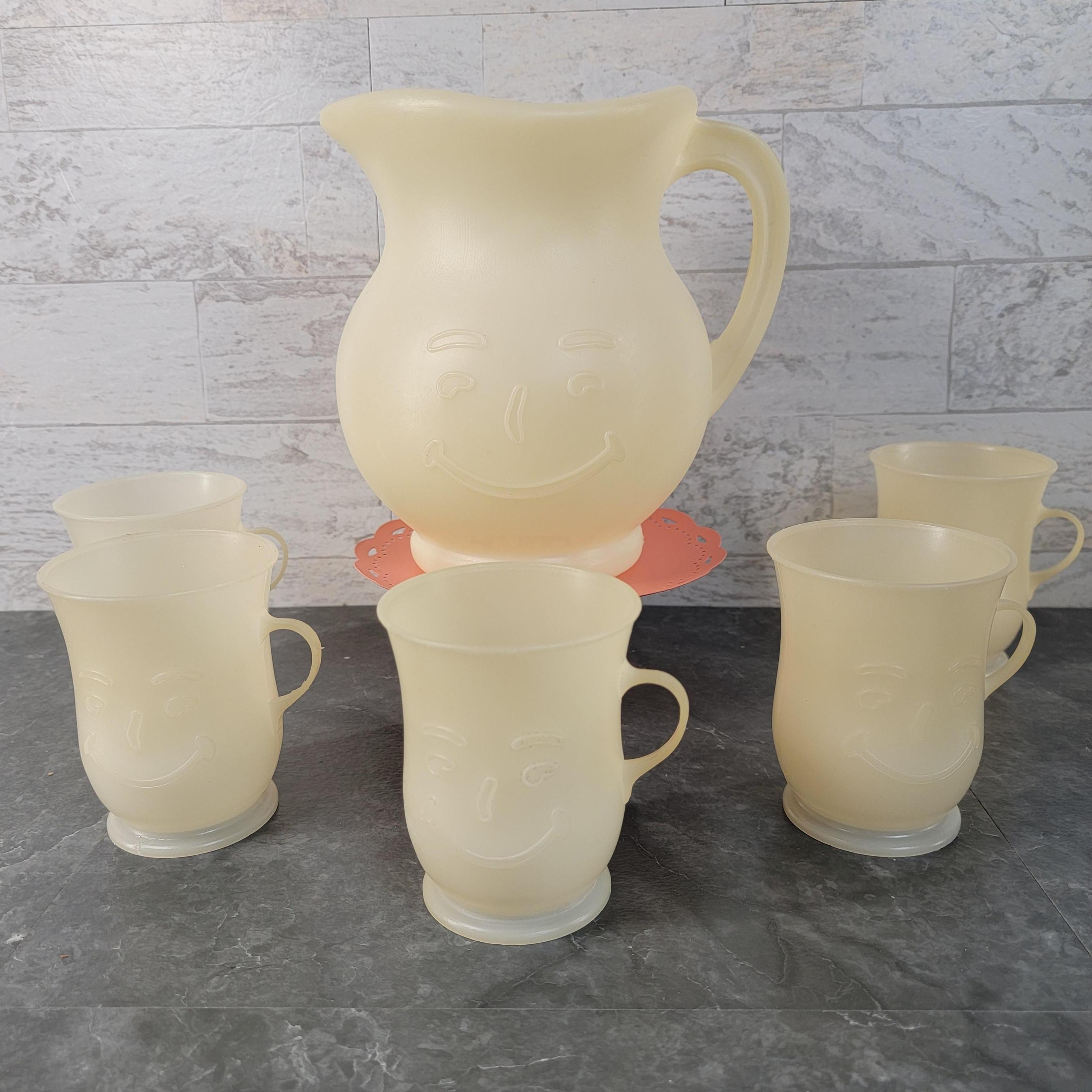 Vintage 1984 Kool Aid Man Plastic Pitcher And 5 Cup Set