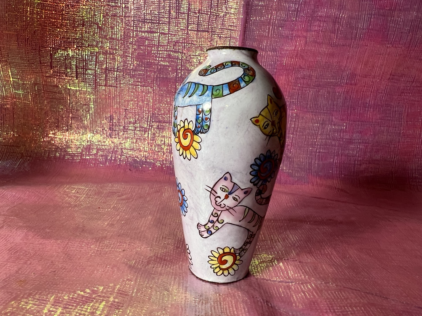 Miniature Metal Enamel Cat Vase