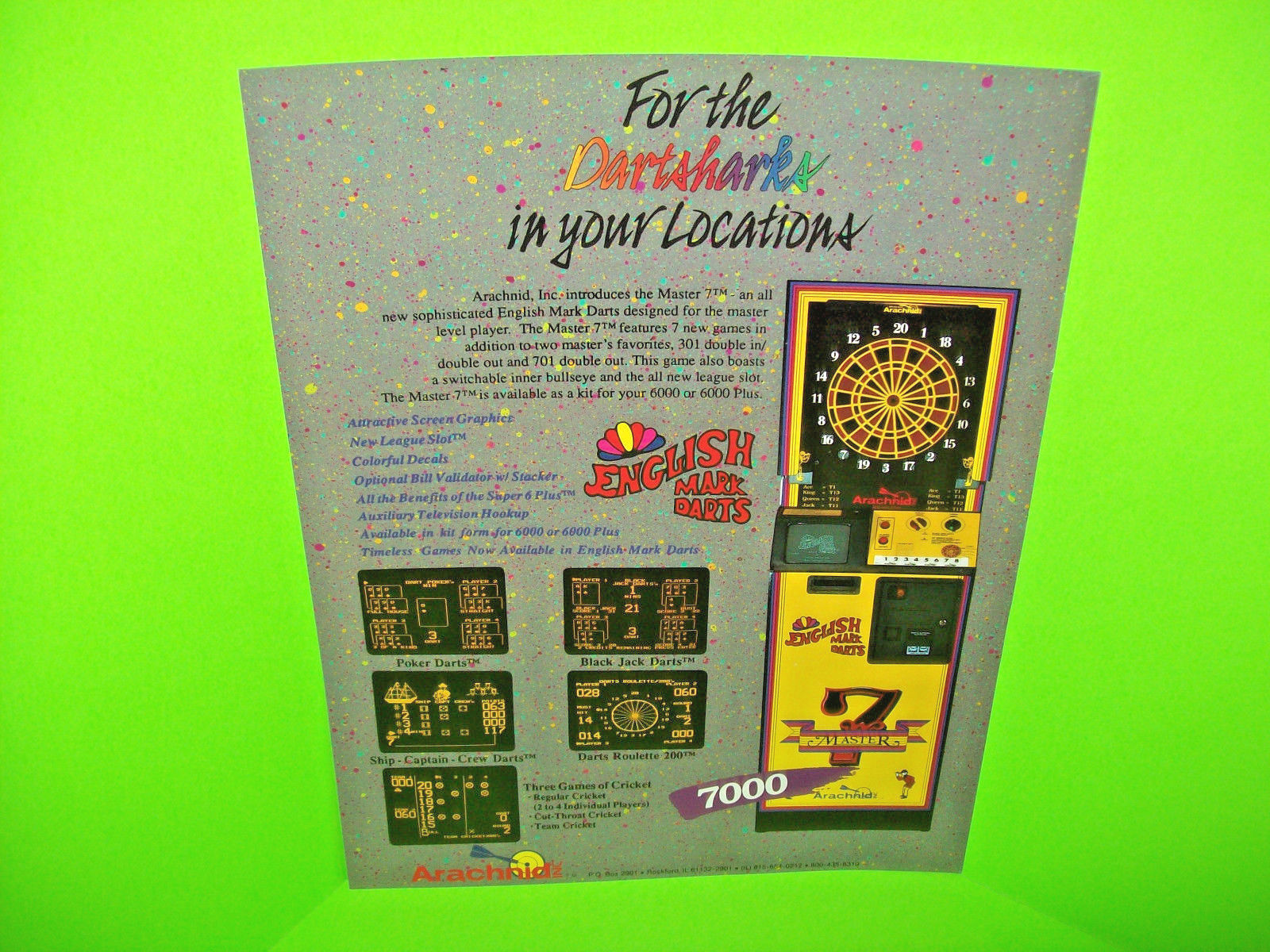 Arachnid ENGLISH MARK DARTS 7000 Original NOS Arcade Game Promo Sales Flyer