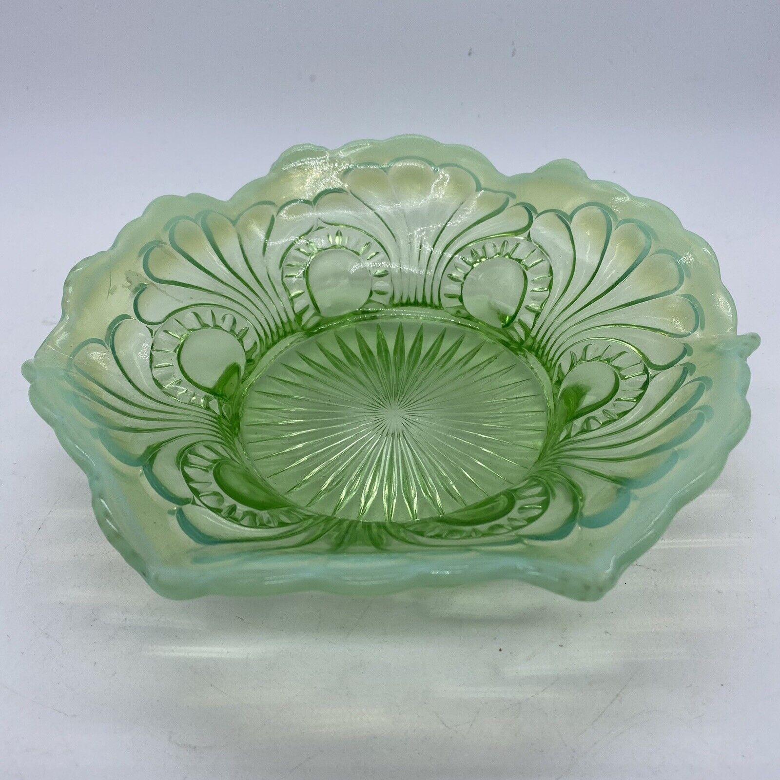 Antique Green Opalescent Glass Footed Bowl Tokyo Pattern Jefferson Glass