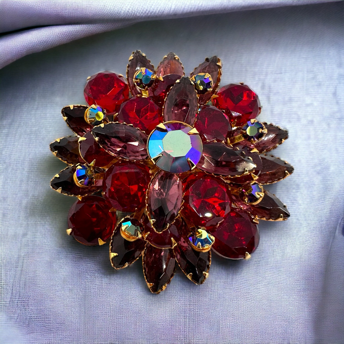 Ruby Red Rhinestone Brooch Vintage Domed Prong Set Faceted Marquis ...