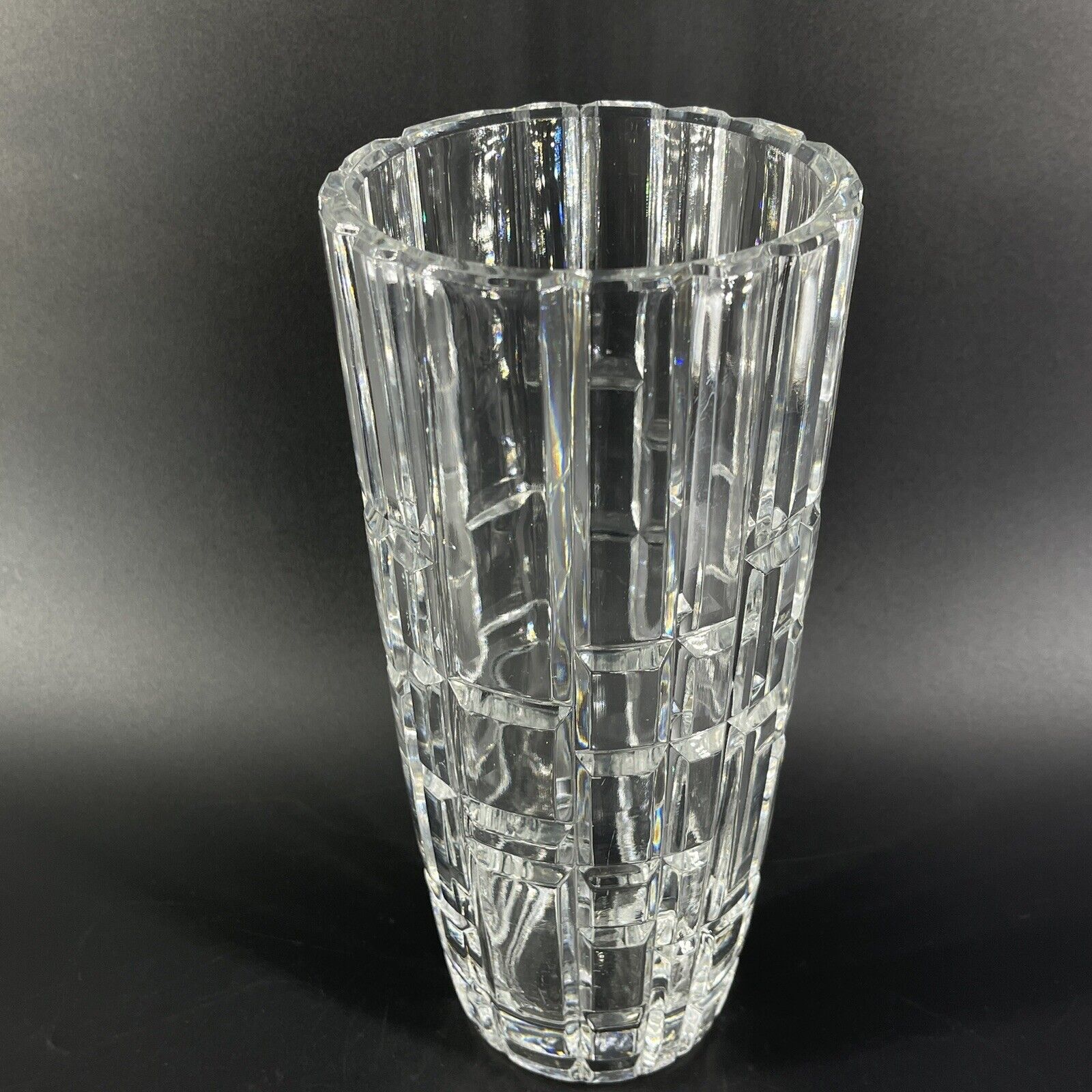 RARE 9.5” GEOMETRIC BLOCK CUT GLASS CRYSTAL CYLINDER VASE HEAVY BEVELED ...