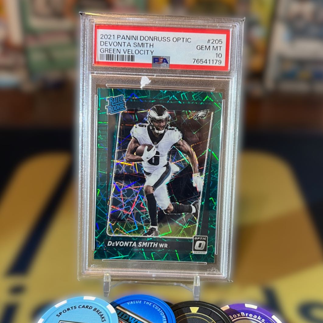 DeVonta Smith 2021 Optic Rated Rookie Green Velocity PSA 10