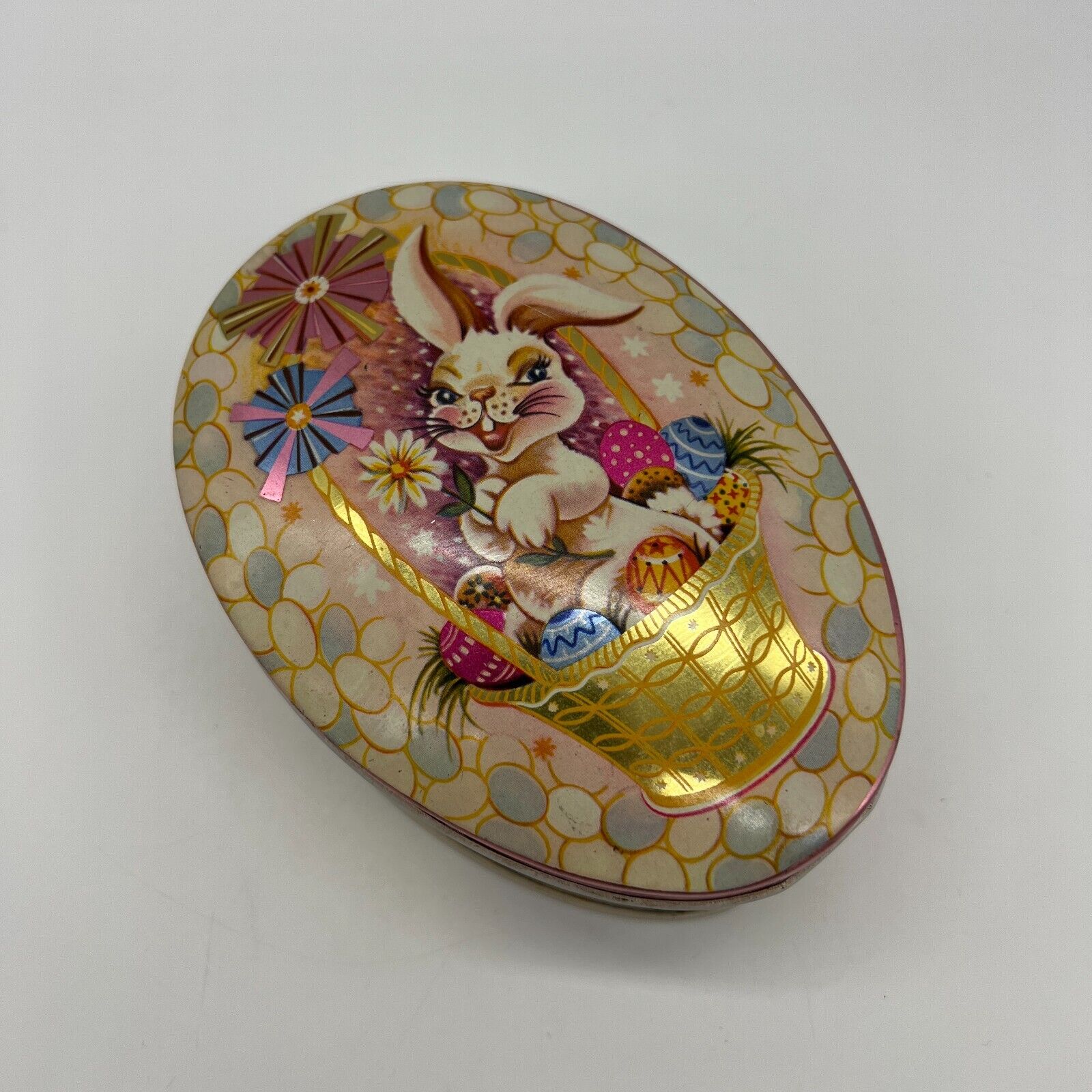 Vintage Baret Ware England Oval Easter Egg Tin Box Bunnies Metallic