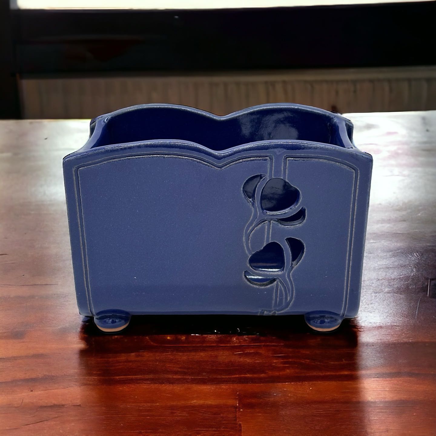 Pottery Red Clay Rectangle Incised Cut Out Blue Planter Vintage Artist ...