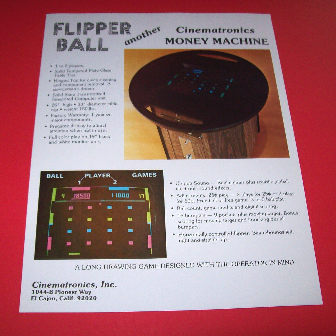 FLIPPER BALL 1976 ORIGINAL NOS VIDEO ARCADE GAME FLYER Art Promo Vintage