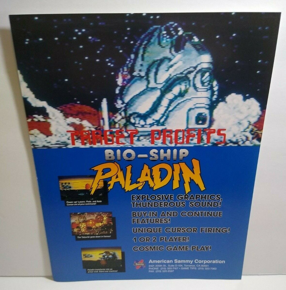American Sammy Bio-Ship Paladin Arcade FLYER Original Art 1990 Retro ...