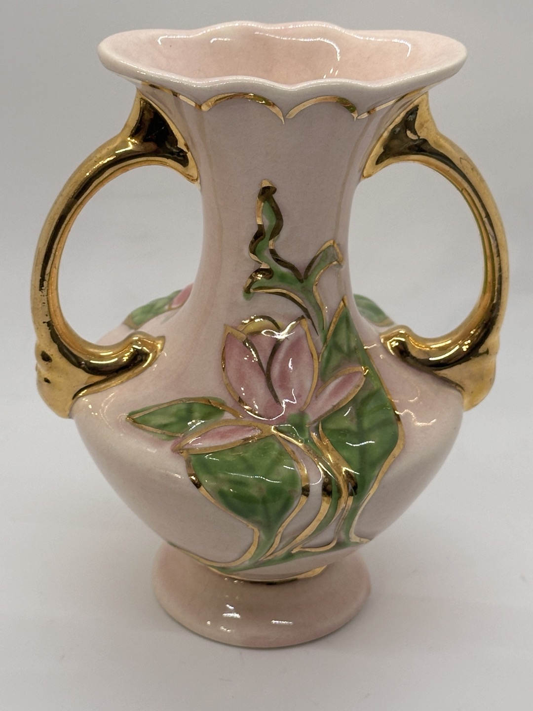 Hull Art USA Magnolia Gloss Pink Sculpted Floral Double Handle Vase ...