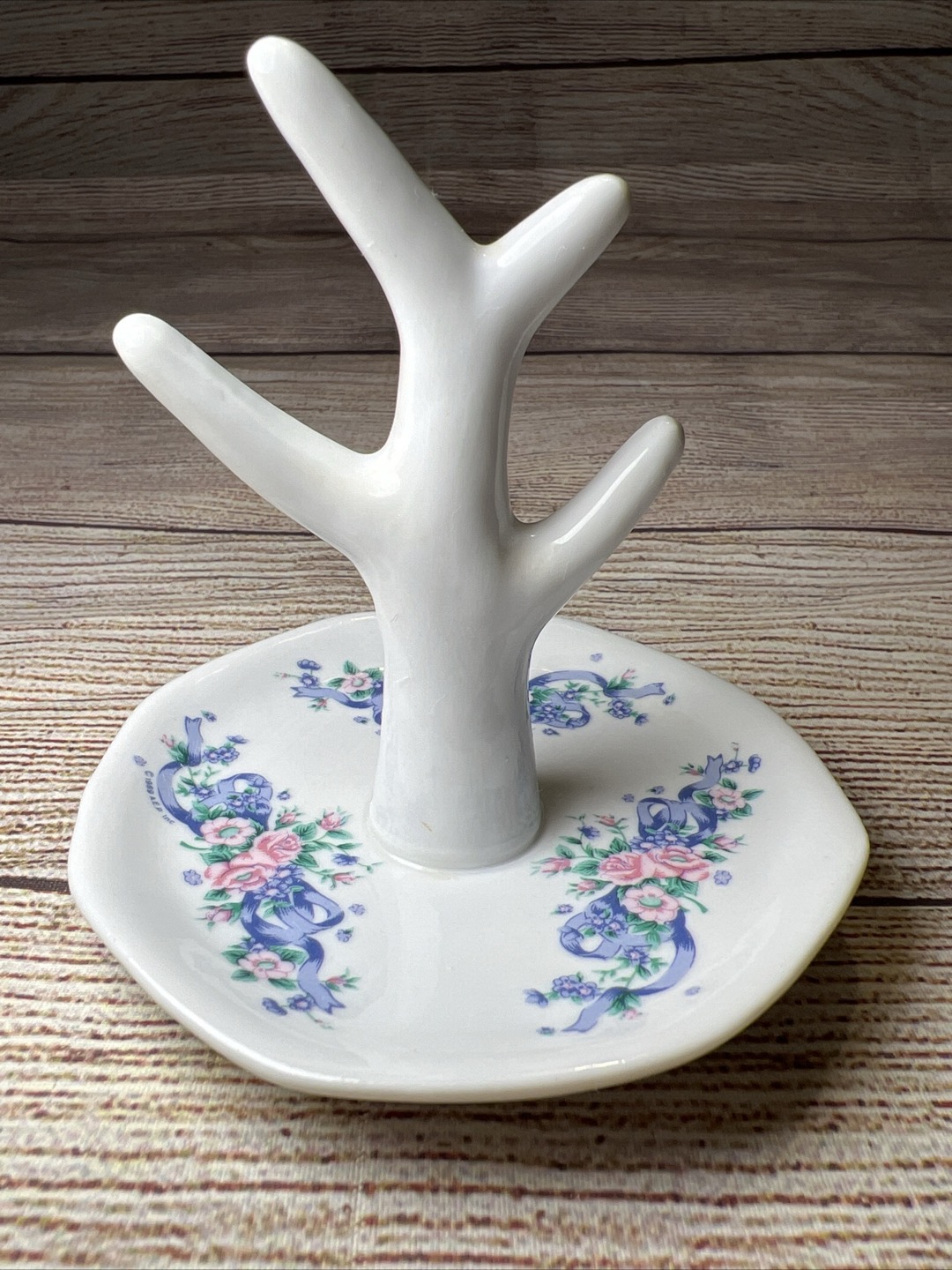 Vtg Albert Price Porcelain Ring Tree Holder Dish 1989 White Blue Pink ...