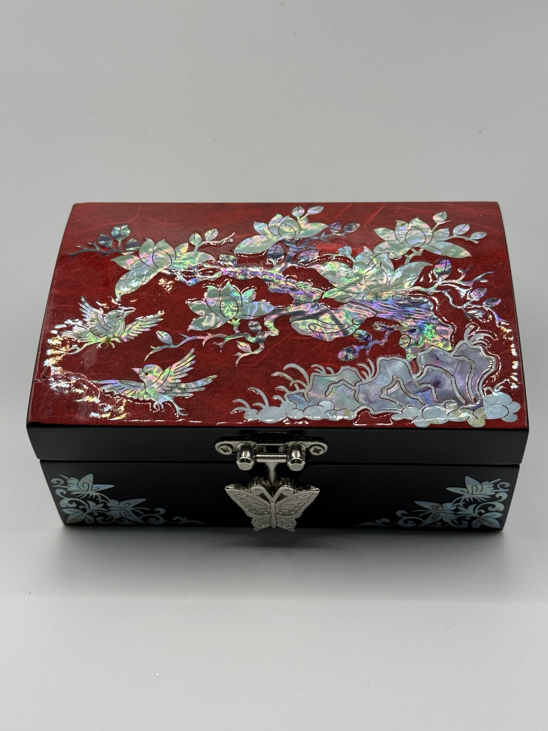Jewelry Box Bird Floral Mother Of Pearl Inlay Lacquer Butterfly Latch