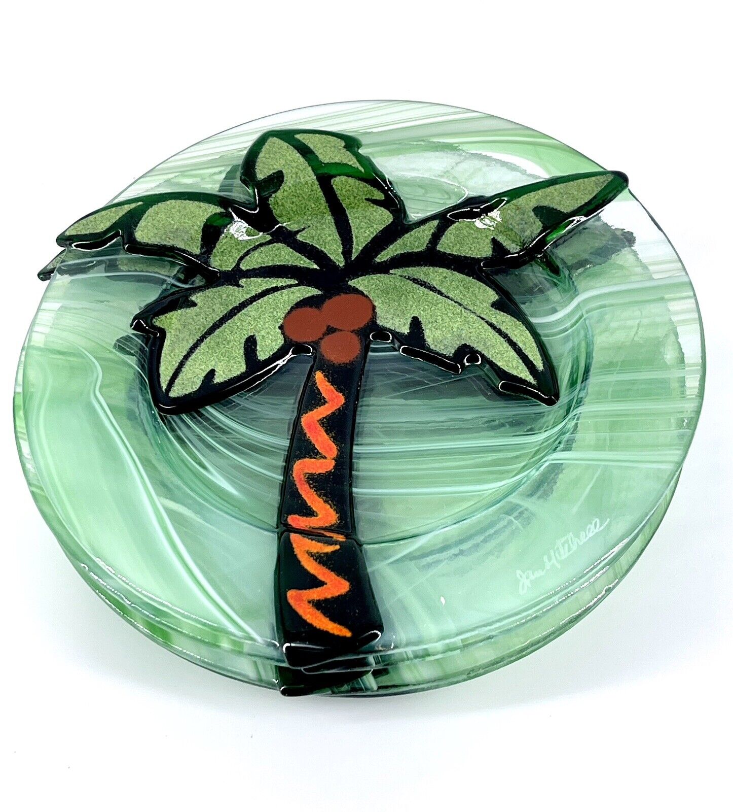 047 4 SIGNED JAN MITCHELL LARSON 11.5” FUSED GLASS PLATES PALM TREE ...