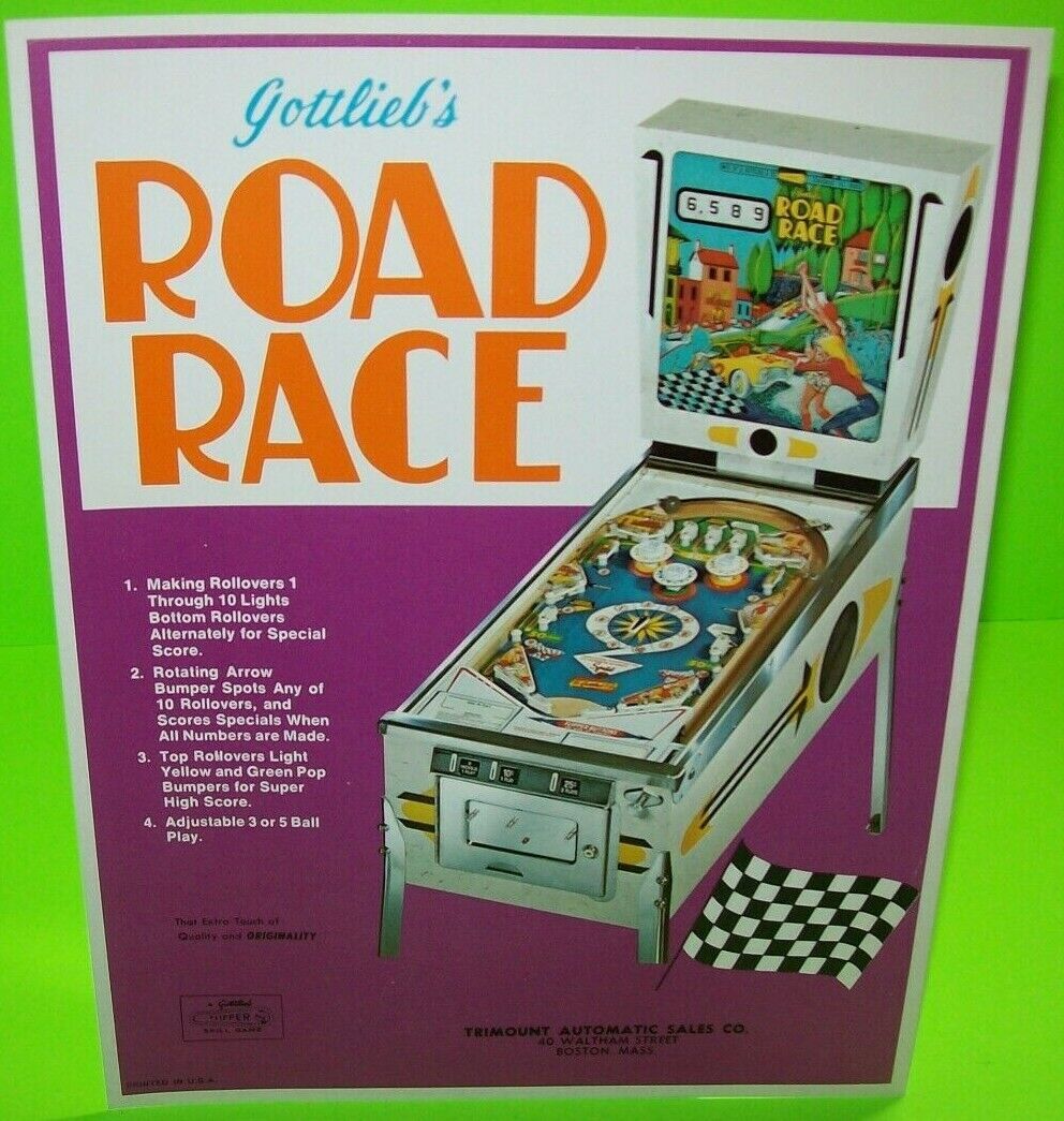 Road Race Pinball FLYER Original 1970 Artwork Sheet Street Racing Theme ...
