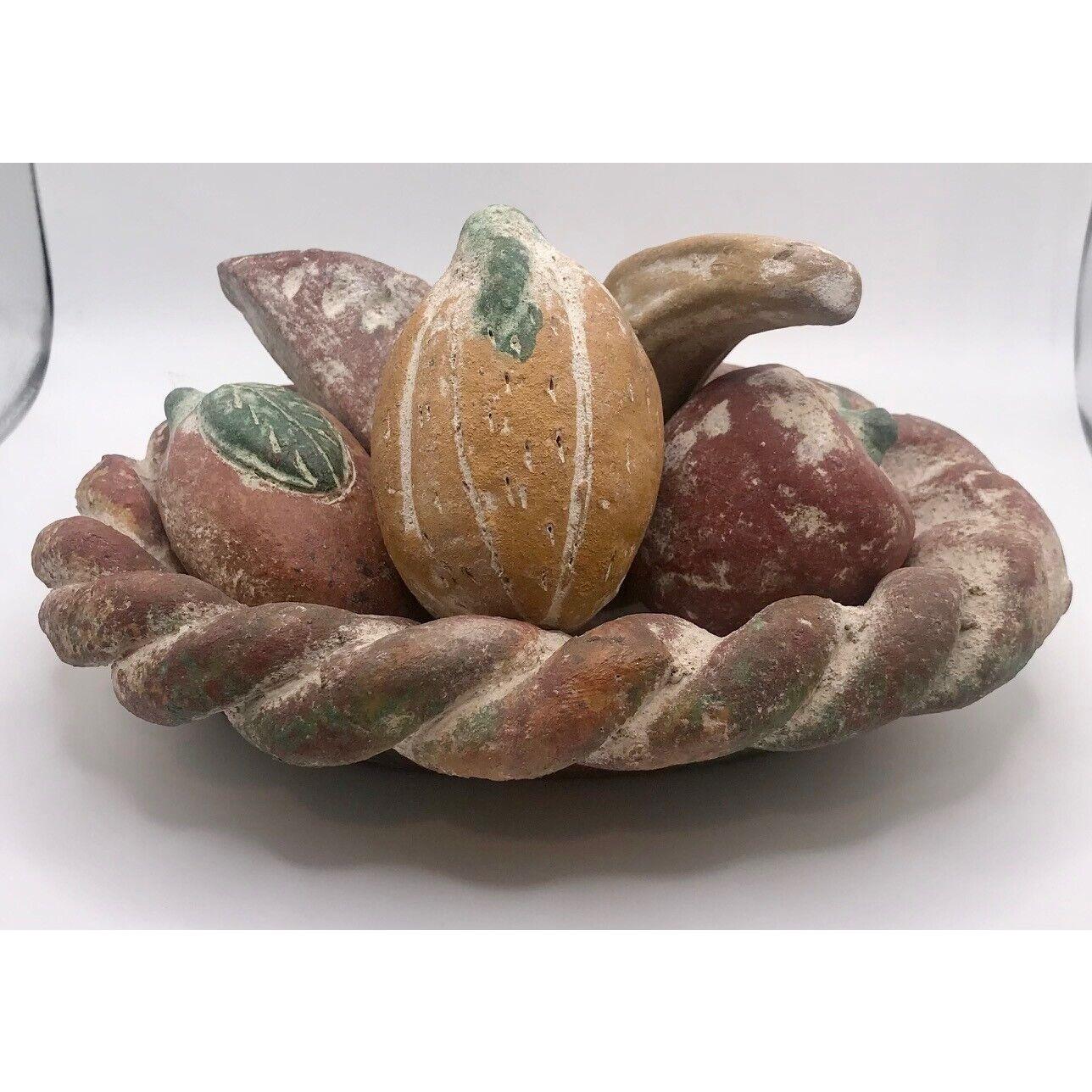 Vintage Mexican Clay Pottery Twisted Fruit Bowl with 5 pc Fruit set MCM