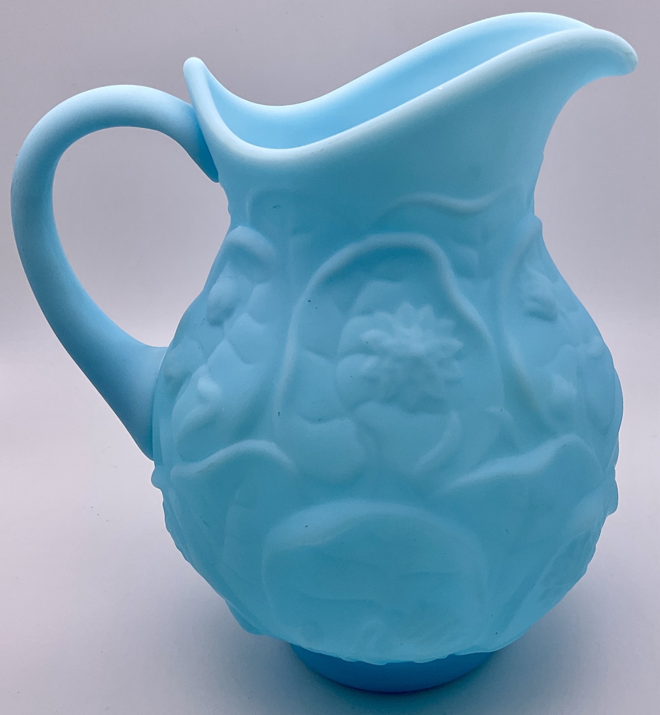 Vintage Fenton Blue Satin Water Pitcher W/ Embossed Water Lily Pattern ...