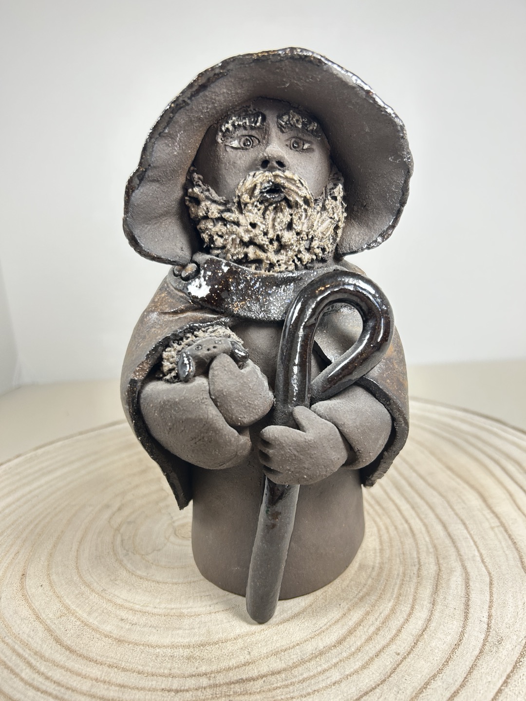 Studio Pottery Shepherd Staff Crook and Lamb Spaghetti Beard Dark Brown ...