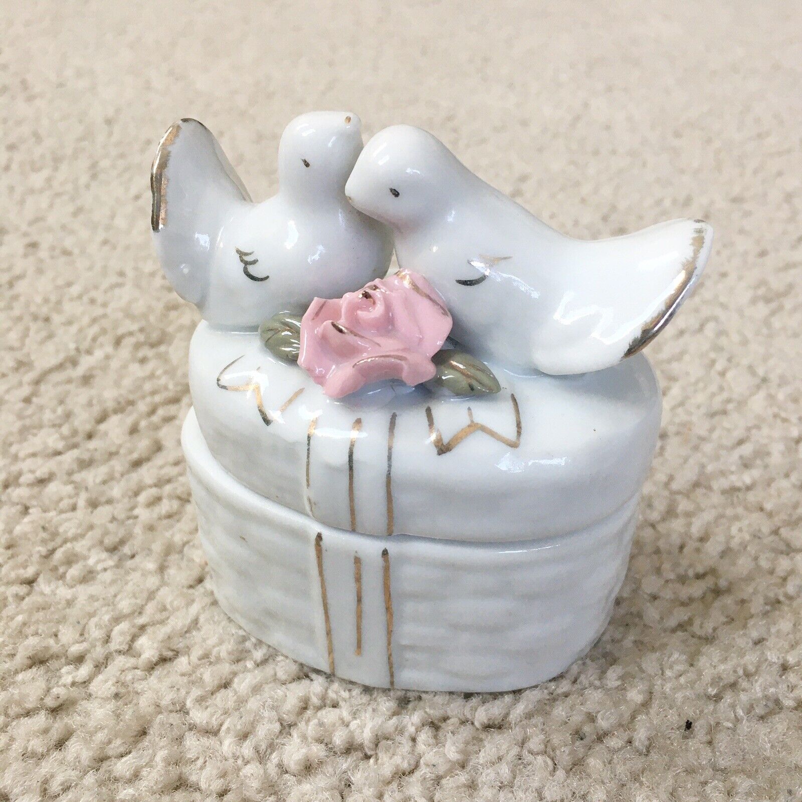 Vintage Ceramic Trinket Box Jar w/ Doves, Pink Rose and Gold Trim ...