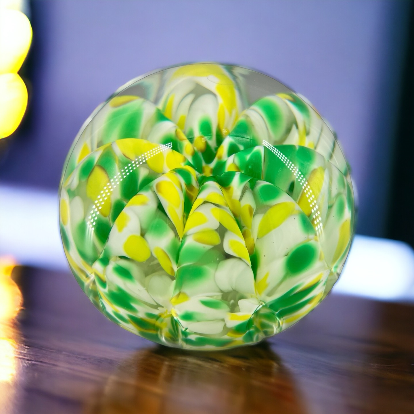 Handblown Art Glass Large Crimped Green and Yellow Paperweight Joe Rice ...