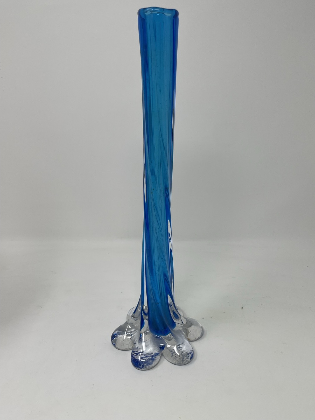 Vintage Blue 6 Fingers Art Glass Bud Vase MCM BEAUTIFUL